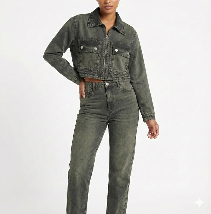 Washed Olive Cropped Denim Jacket - Hashtag Store